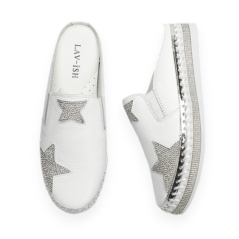 Leather Silver Star White Slides | Only Size 36 Left | CLEARANCE – Lana ...